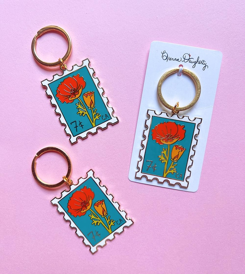 California Poppy Stamp Enamel Keychain / Postage Stamp Keychain ...