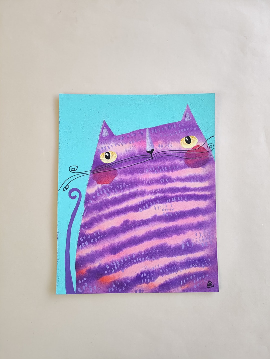 Purple Tabby Cat Original Painting Folk Art 8x10 Whimsical Cats ...
