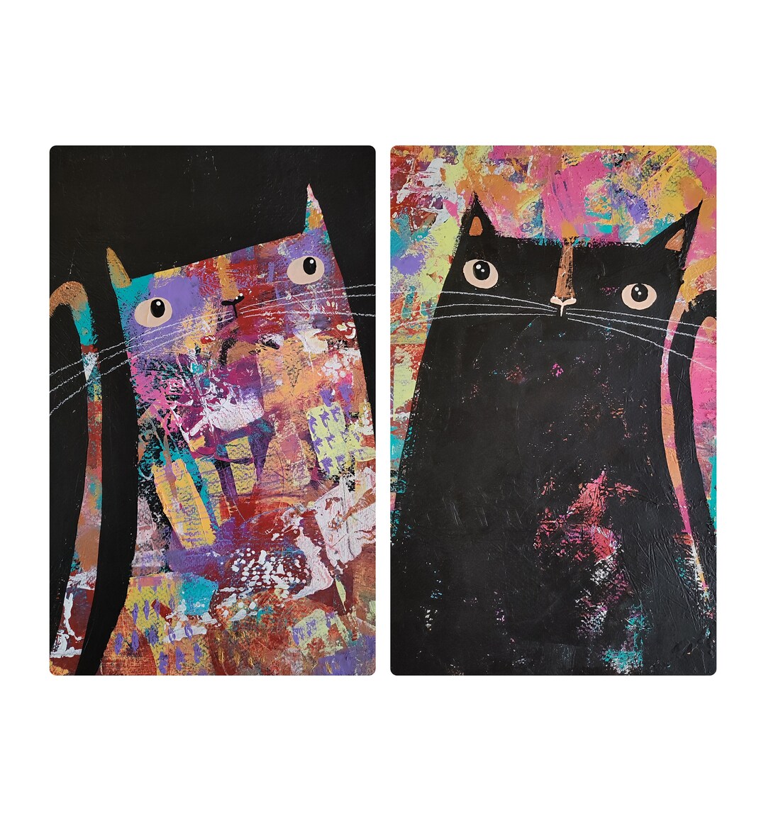 Two Original Cat Paintings Black Cats Colorful Art 14x9.5 - Etsy