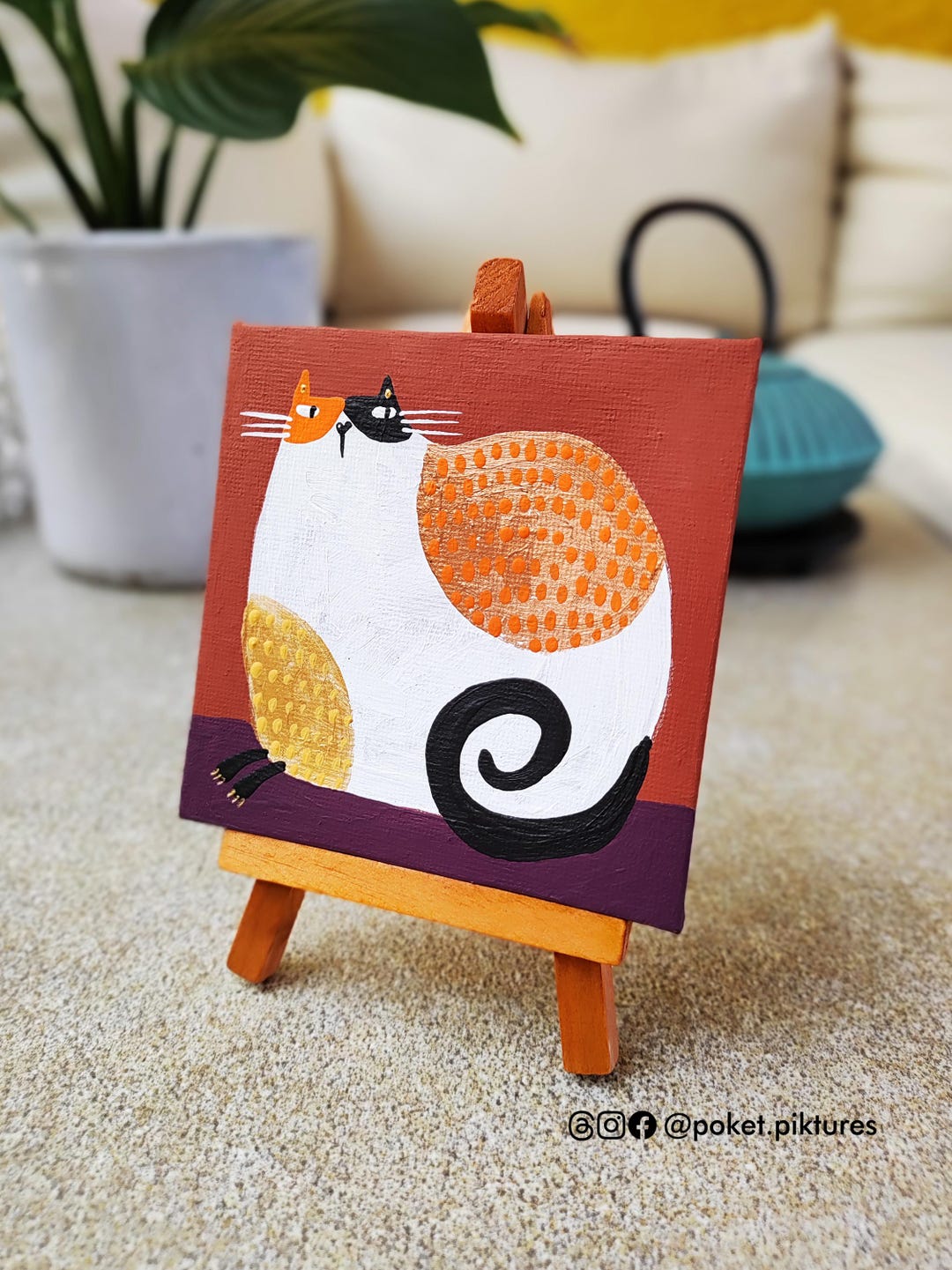 Mini Cat Painting on Canvas With Easel – Small Calico Cat Folk Art ...