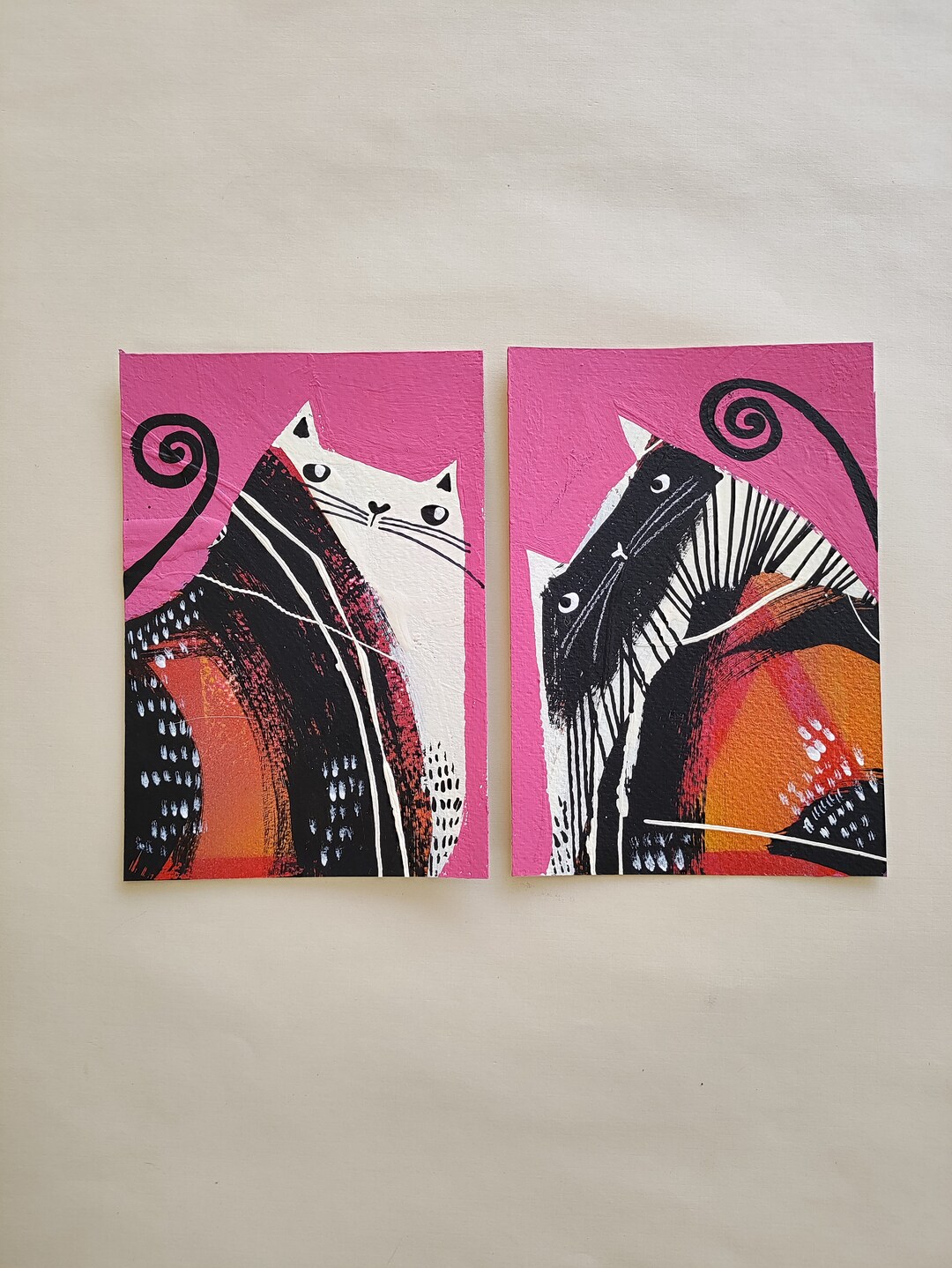 Set of 2 Cats Original Acrylic Painting Art Whimsical Pink Cat - Etsy