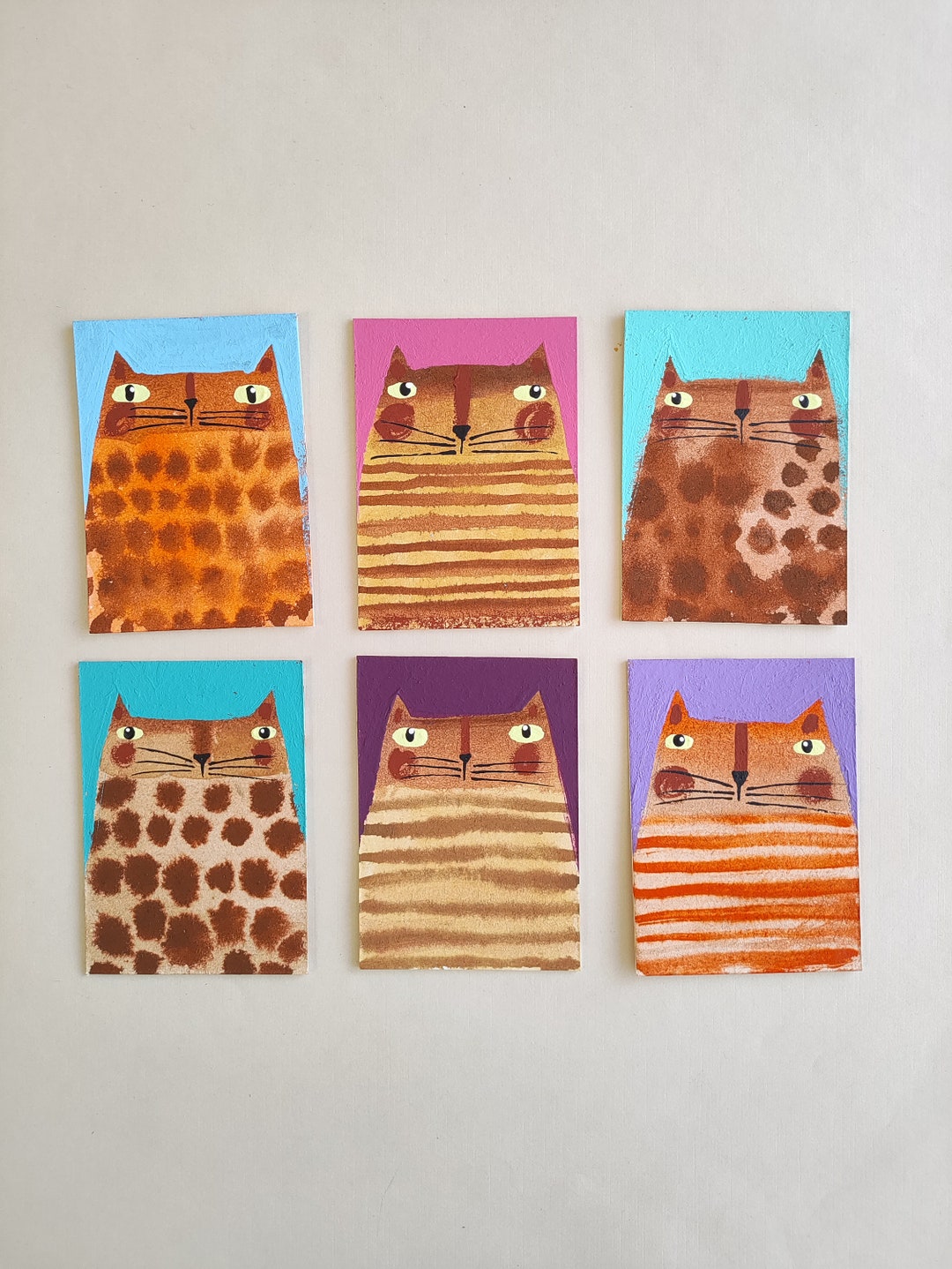 Set of 6 ACEO MINIATURE Original Tabby Cats Kitty Cat Portrait Art Card ...