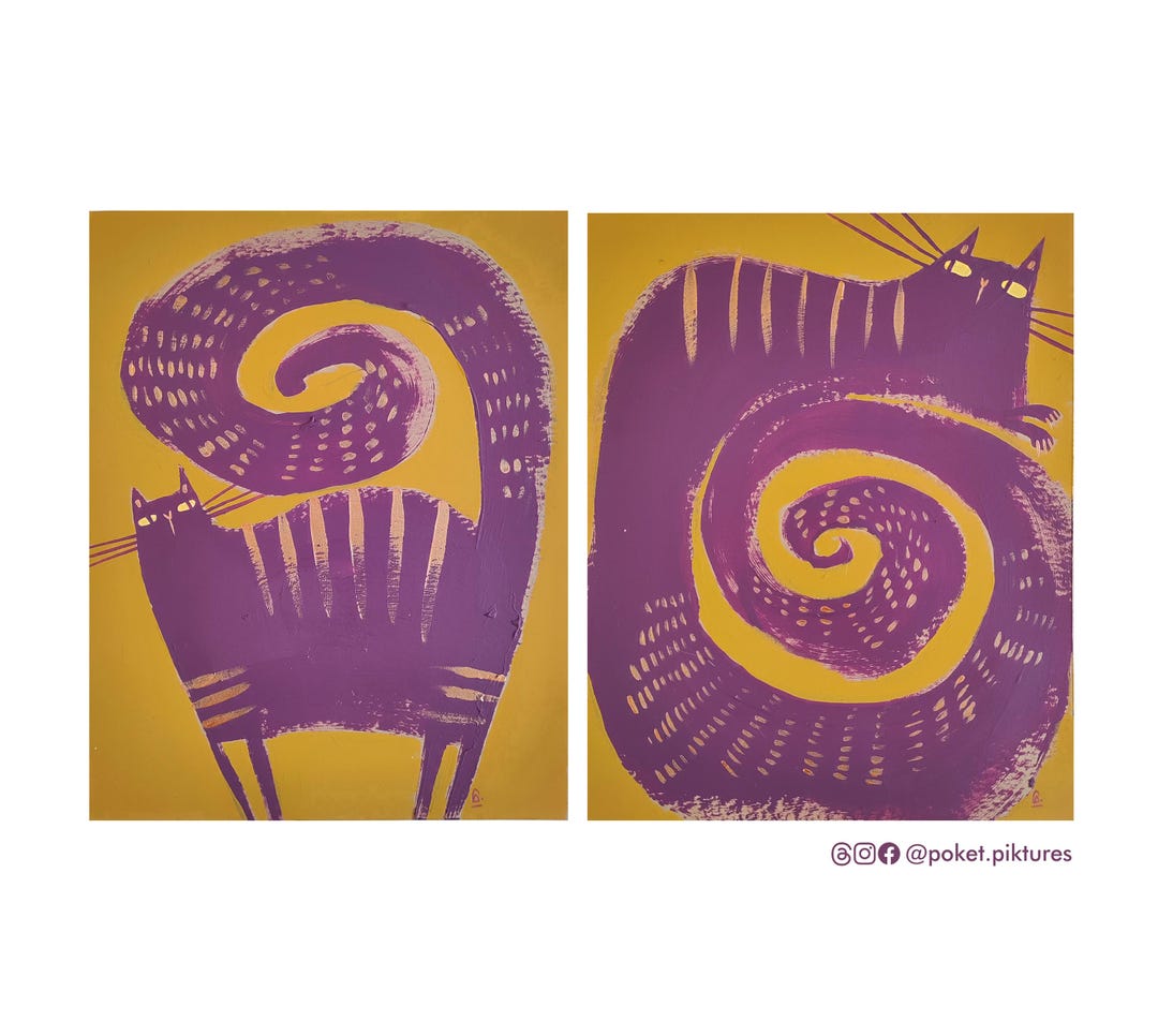 Cat Art Gift Set Original Painting Modern Art Home Decor Minimalist ...