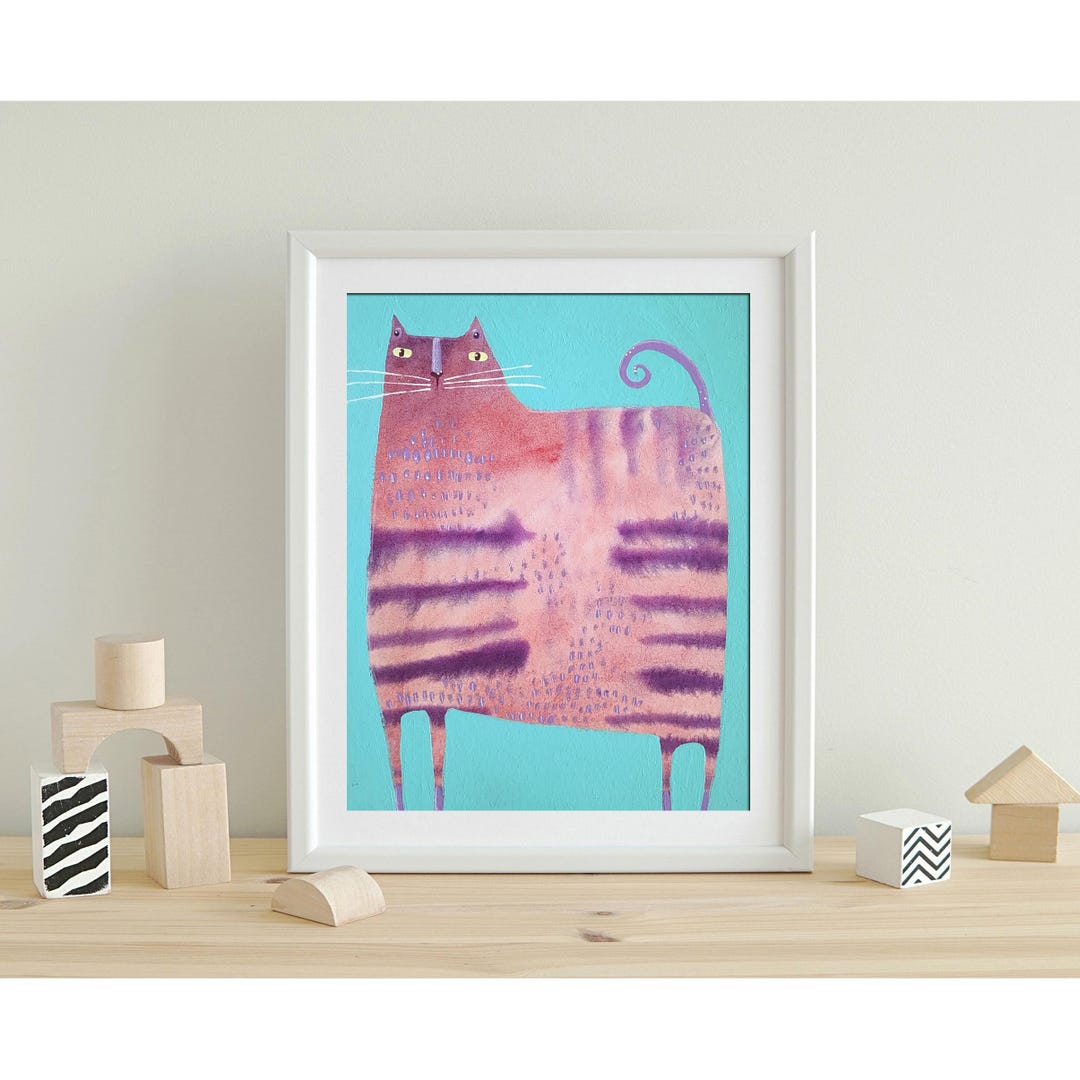Pink Tabby Cat Original Painting Art Home Decor 8x10 Whimsical Cats ...