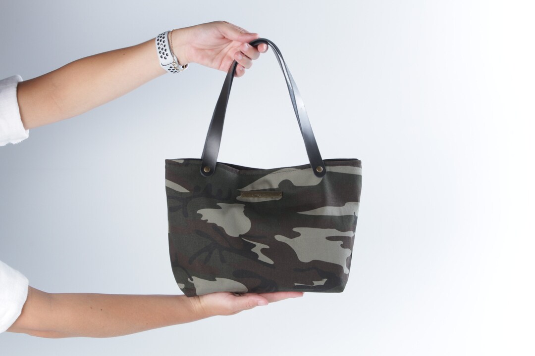 CAMO TOTE BAG - Small Military Tote With Leather Handle, Button or ...