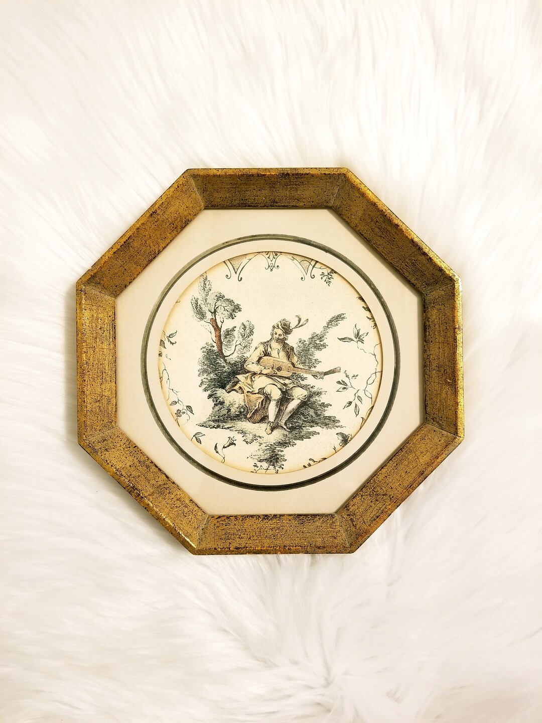 Early Mid-century Octagonal Gold Wood Framed & Matted String Instrument ...