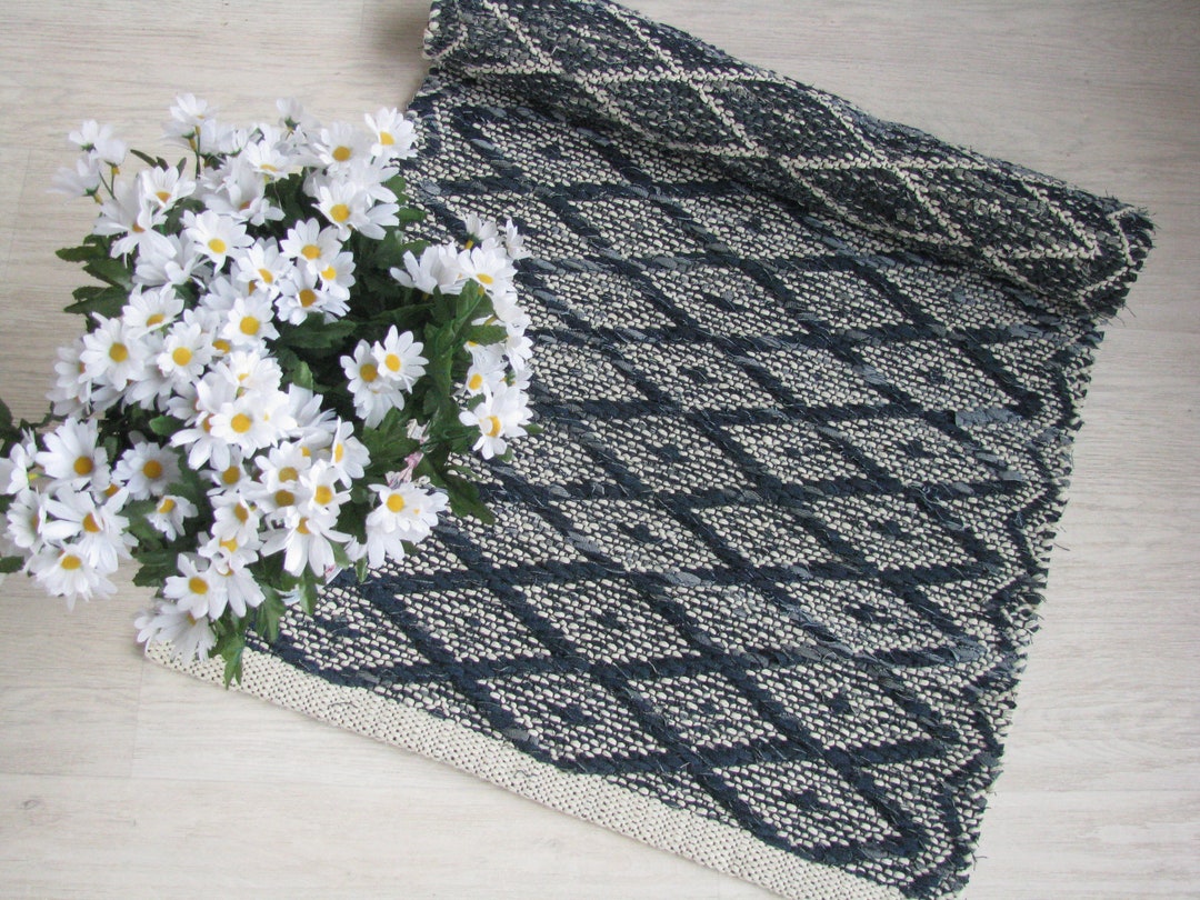 Denim Blue Runner Floor Rug. Scandinavian Modern Rug. Washable Cotton ...