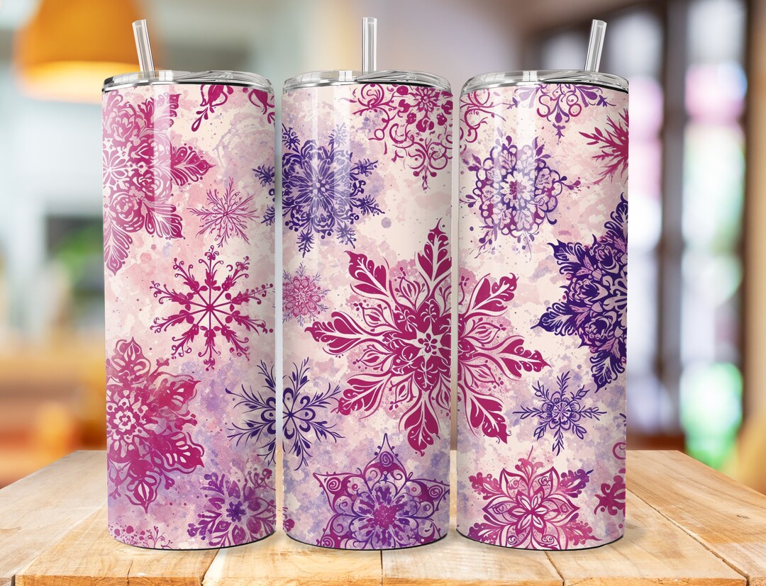 Winter Wonderland: Violet and Pink Snowflakes 20 Oz Tumbler With Straw ...