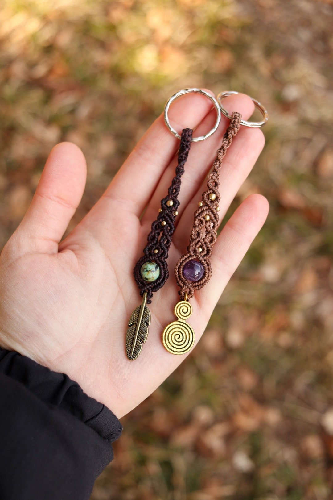 Macrame Key Chain With Picture Jasper Bead and Brass Fatimas - Etsy