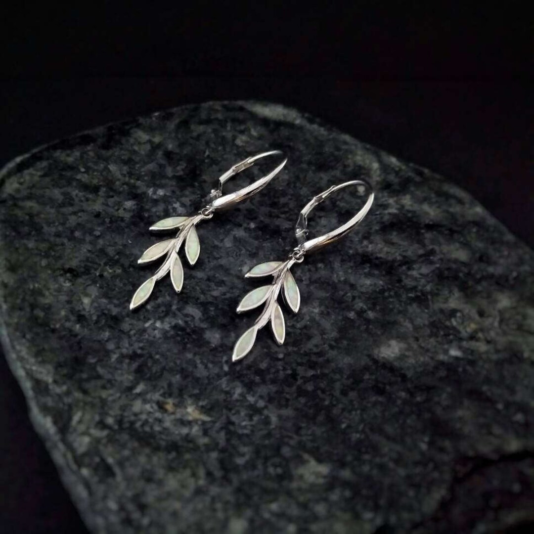 Olive Leaves Earrings, Sterling Silver White Opal Leaves, Greek Jewelry ...