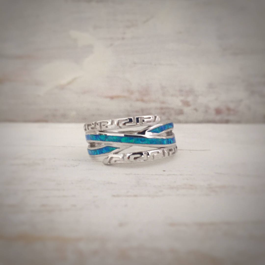Meander Ring Opal, Meander-greek Key Blue Opal Ring, Sterling Silver 925 Ring, Greek Ancient ...