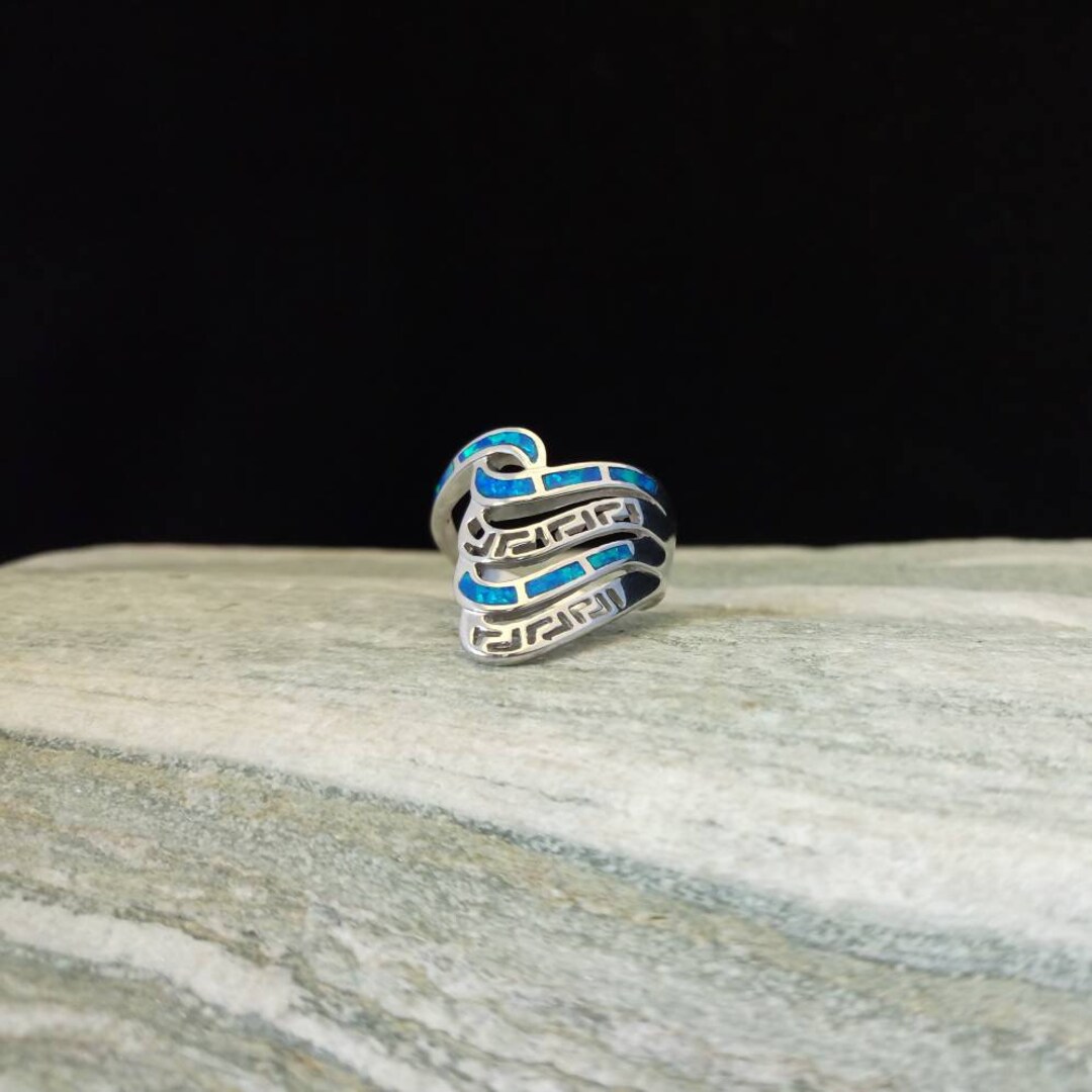 Meander Ring Opal, Meander-greek Key Blue Opal Ring, Sterling Silver ...
