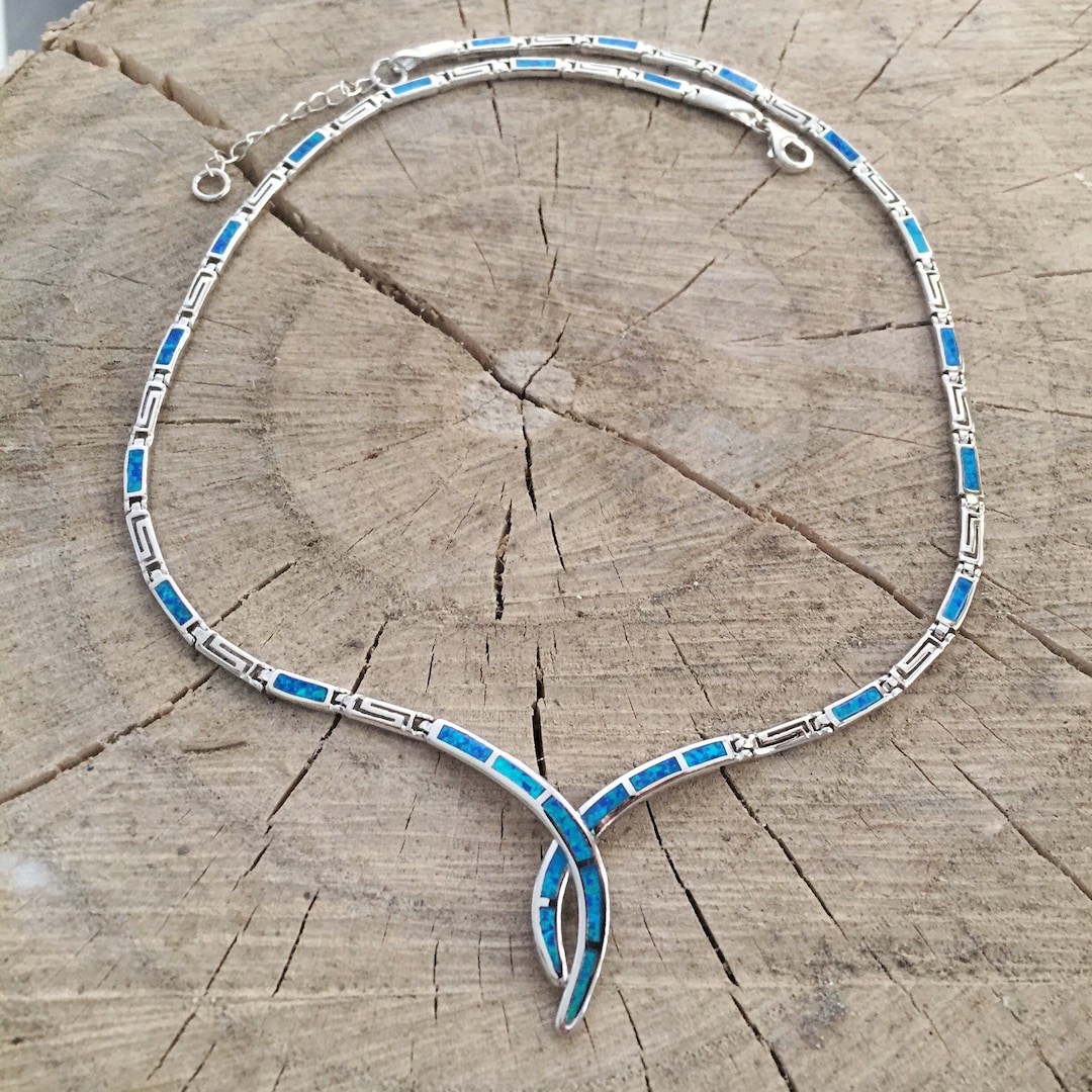 Greek Opal Meander Necklace, Blue Opal Necklace, Sterling Silver Greek ...