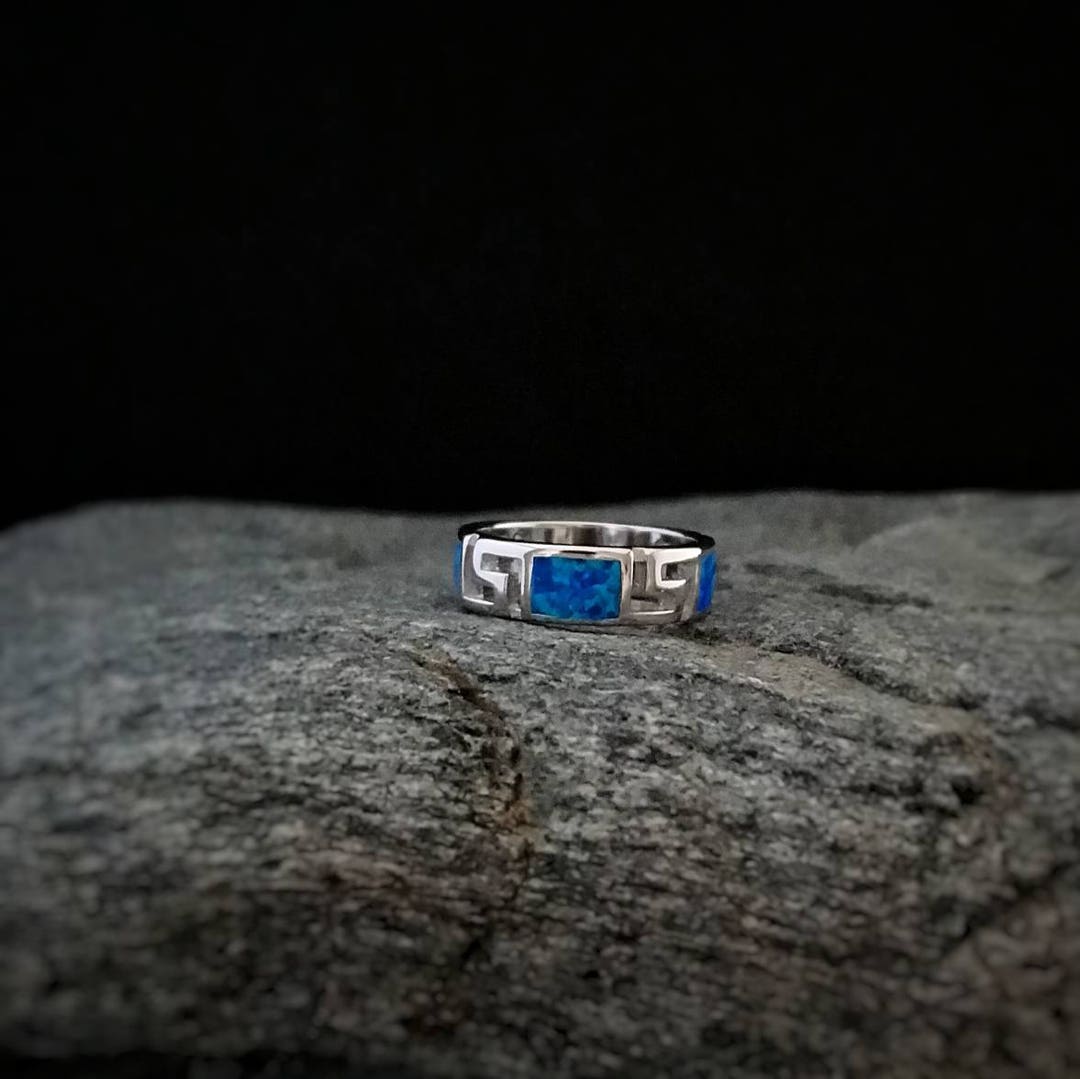 Meander Ring, Meander-greek Key Ring, Sterling Silver, Blue Opal, Greek ...