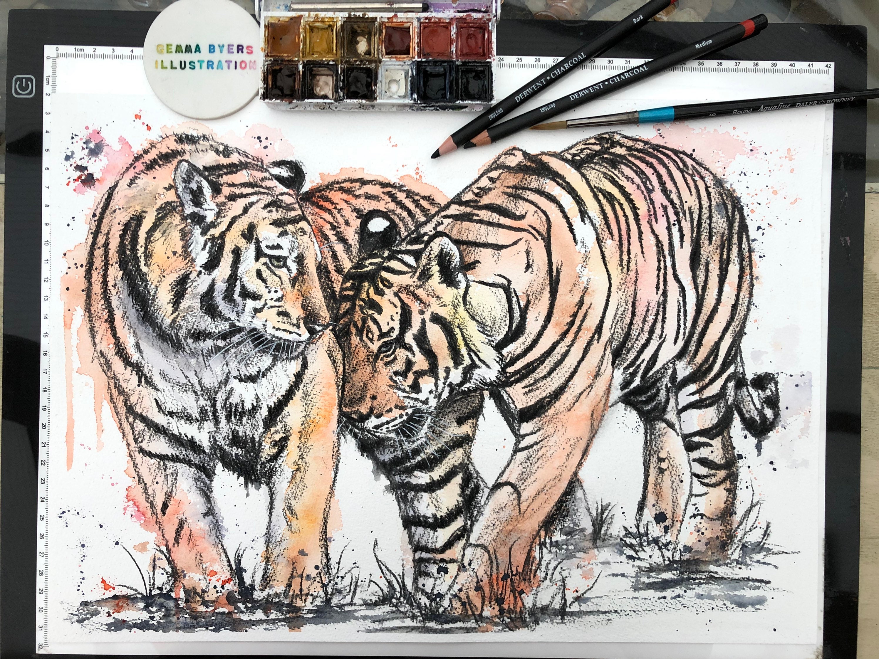 Original Tiger Artwork Mixed Media Watercolour Charcoal Painting ...