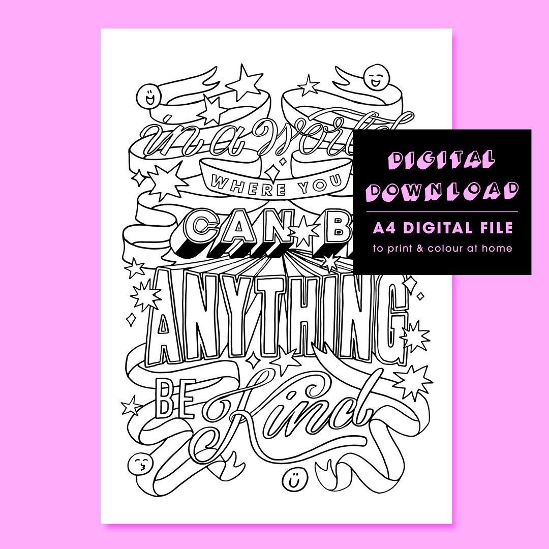 BE KIND Digital Colouring in A4 Sheet - Print at Home Colouring Page ...