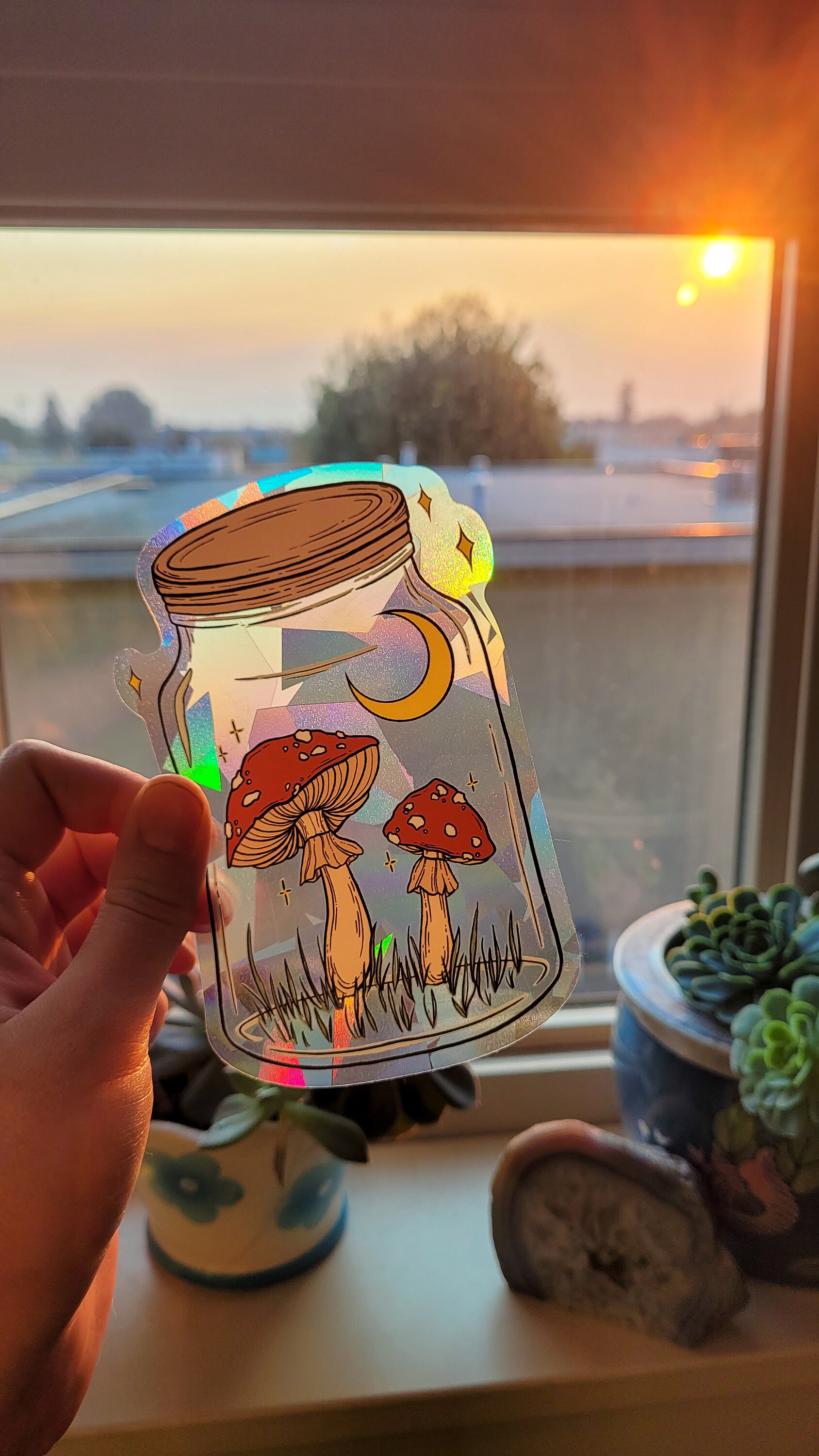 Mushroom Jar Cottagecore Window Sun Catcher Sticker / Rainbow Maker ...