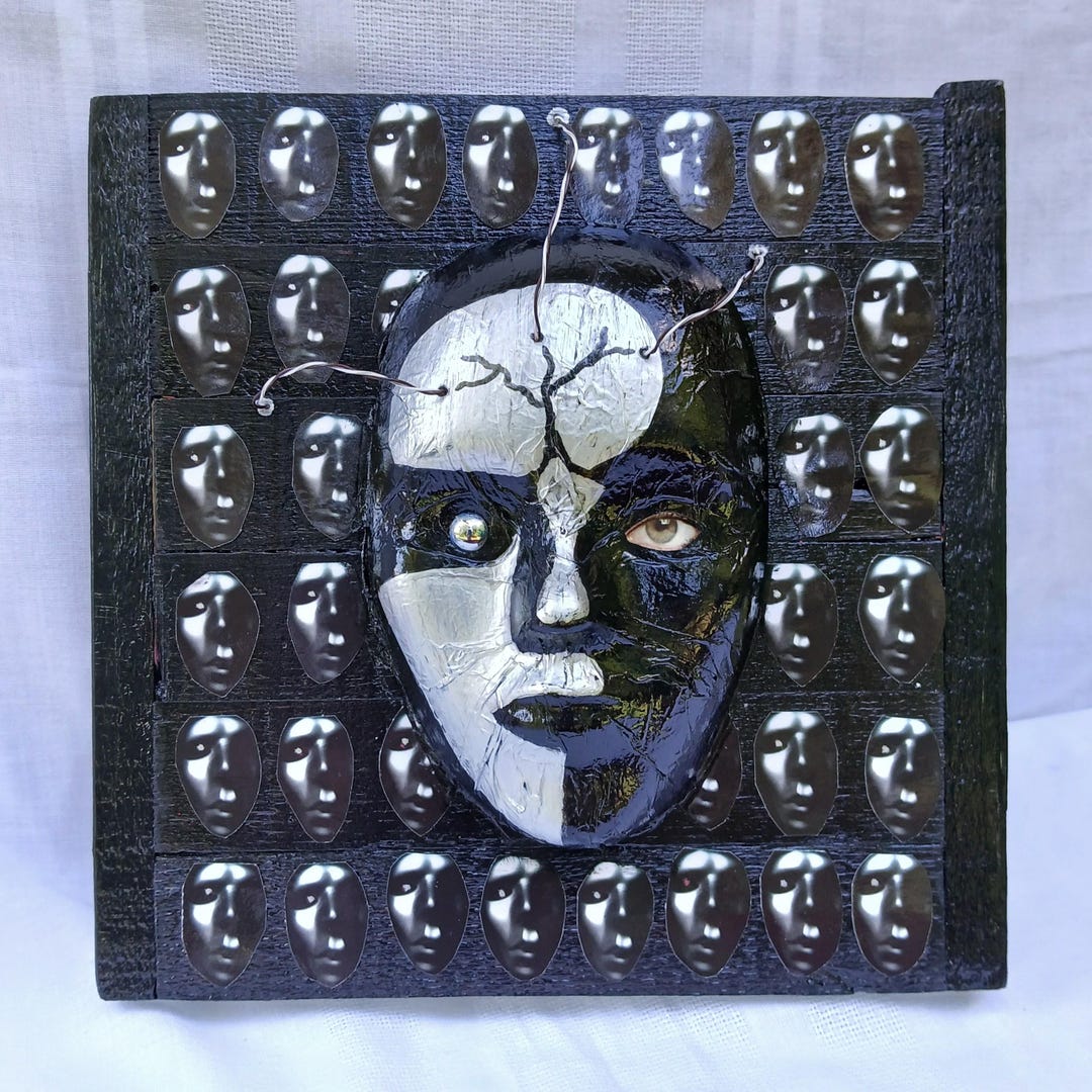 Outsider Art Cyborg Wall Mask Black Grey on Recycled Small Wood Pallet ...