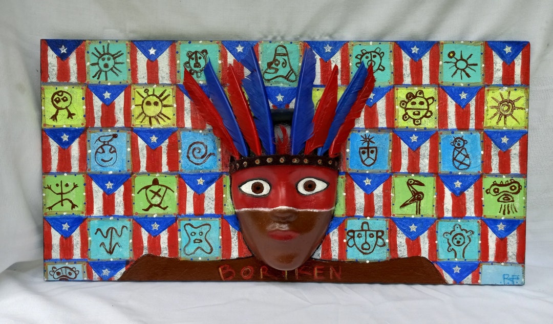 Puerto Rico Wall Art Original, Taino Warrior With Flag/ Coqui/ Sun ...