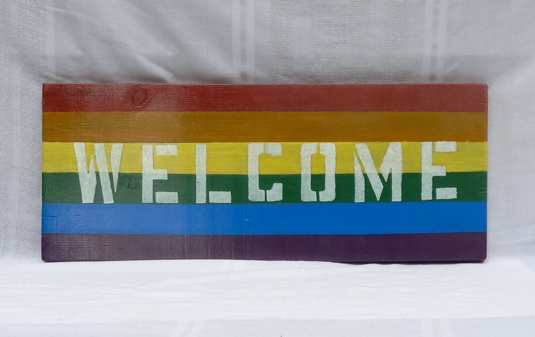 Rainbow Welcome Sign on Recycled Wood LGBTQ Pride Decor, Welcome Gift ...