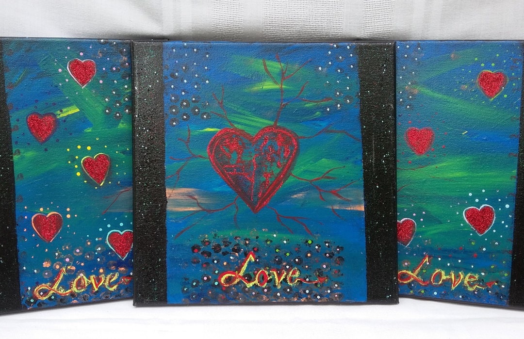 Small Paintings Hearts and Love, Set of 3 Canvas Acrylic Paintings - Etsy