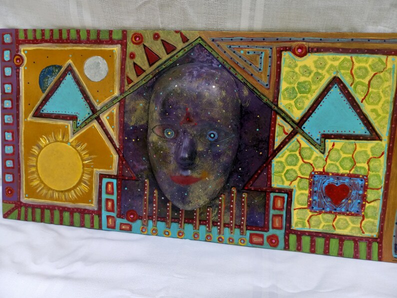 Outsider Art Acrylic Painting, Mounted Mask on Wood, 3D Wall Decor - Etsy