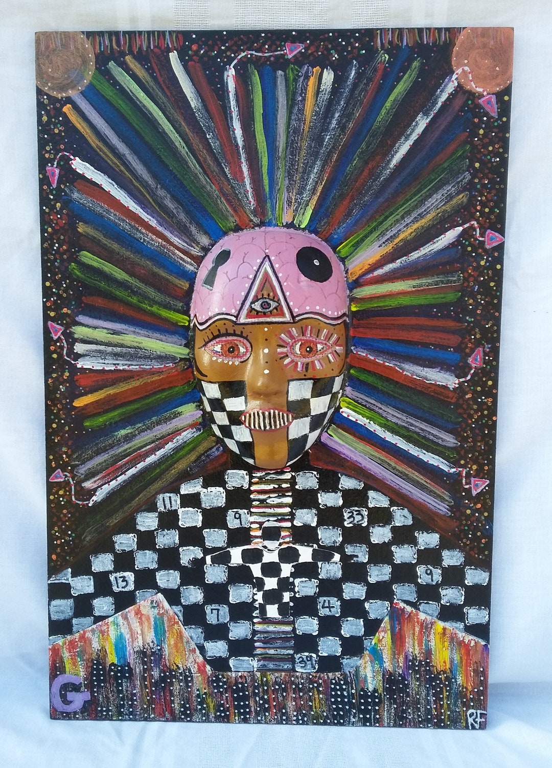 Outsider Art Decorative Wall Mask With Evil Eye Checkerboard Pattern 24 ...