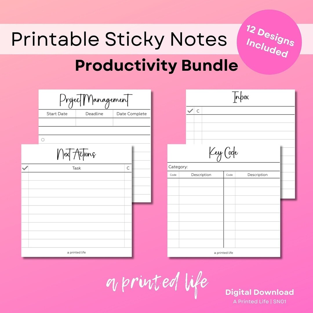 PRINTABLE Sticky Notes Productivity Bundle Inbox, Project Management ...