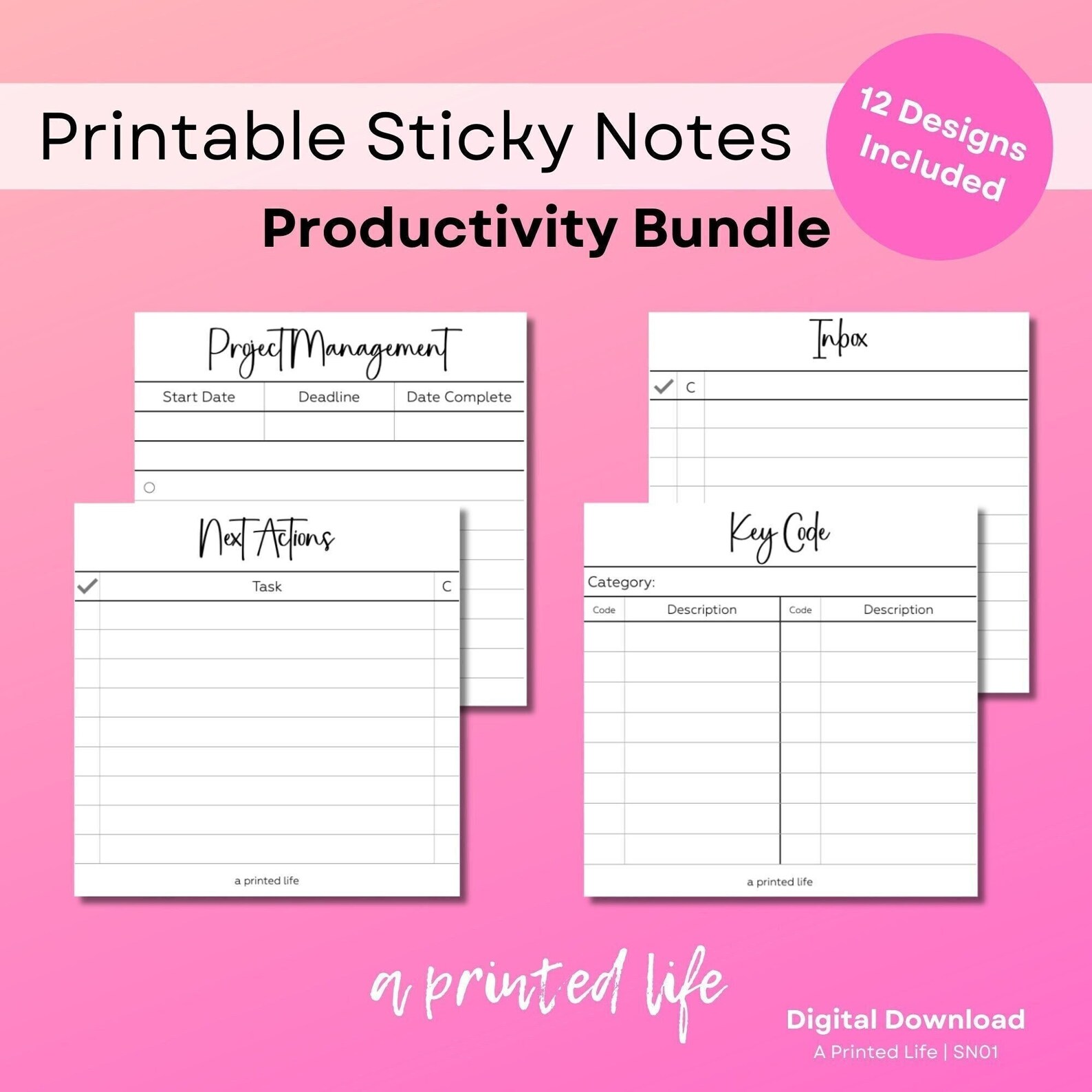 PRINTABLE Sticky Notes Productivity Bundle Inbox, Project Management ...