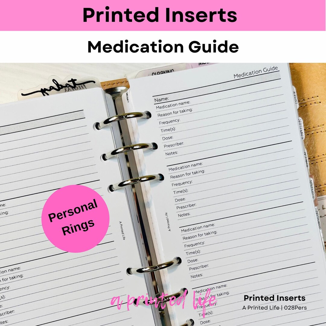 PRINTED PERSONAL SIZE Medication Guide Planning Inserts Printed Planner ...