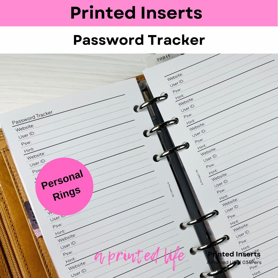 PRINTED PERSONAL SIZE Password Tracker Planner Inserts Printed Planner ...
