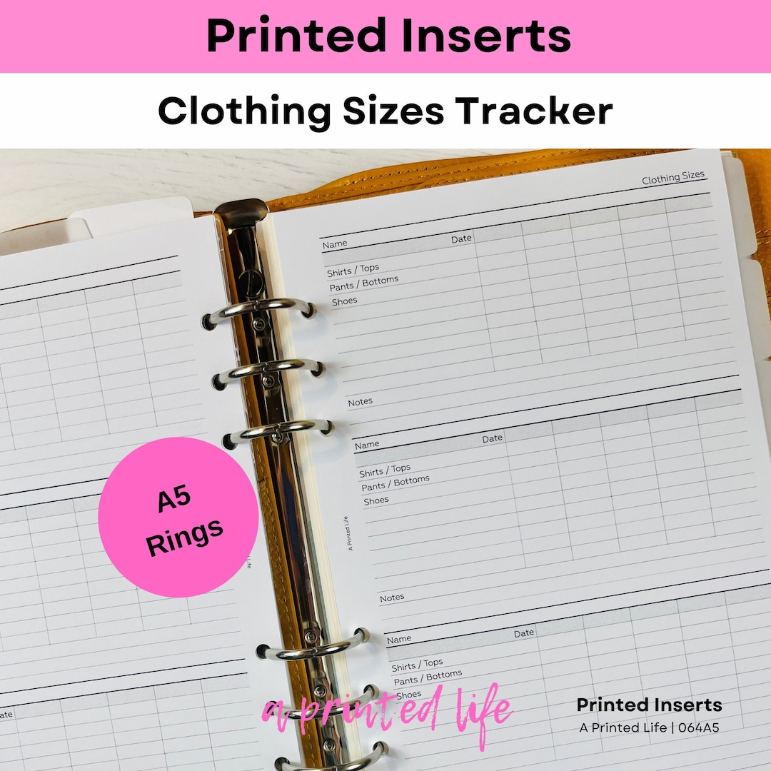PRINTED A5 SIZE Clothing Sizes Tracker Planner Inserts A5 Printed ...