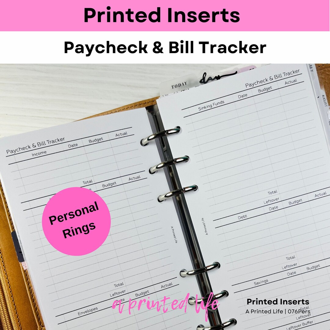 PRINTED PERSONAL SIZE Paycheck and Bill Tracker Printed Planner Inserts ...