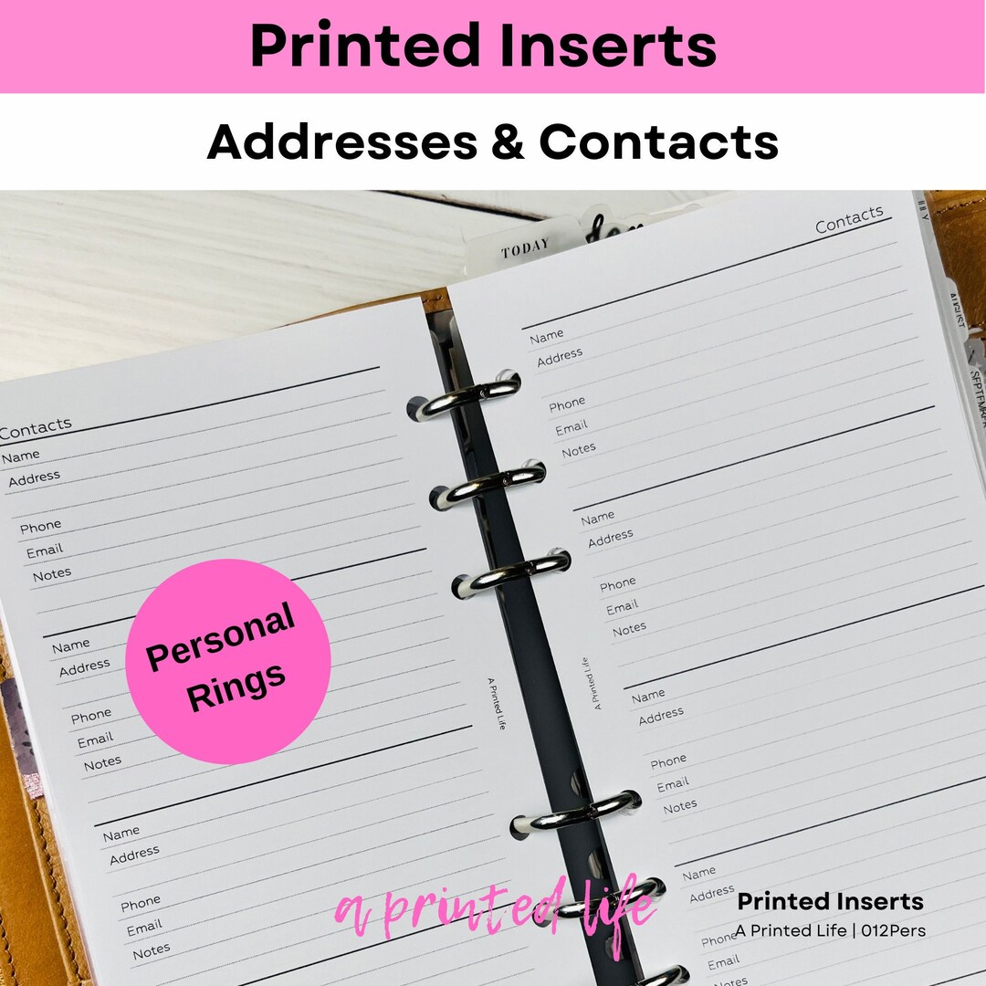 PRINTED PERSONAL SIZE Addresses & Contacts Planning Inserts Printed ...