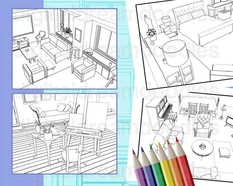 Interior Spaces Coloring Book Printable Room Design Coloring - Etsy
