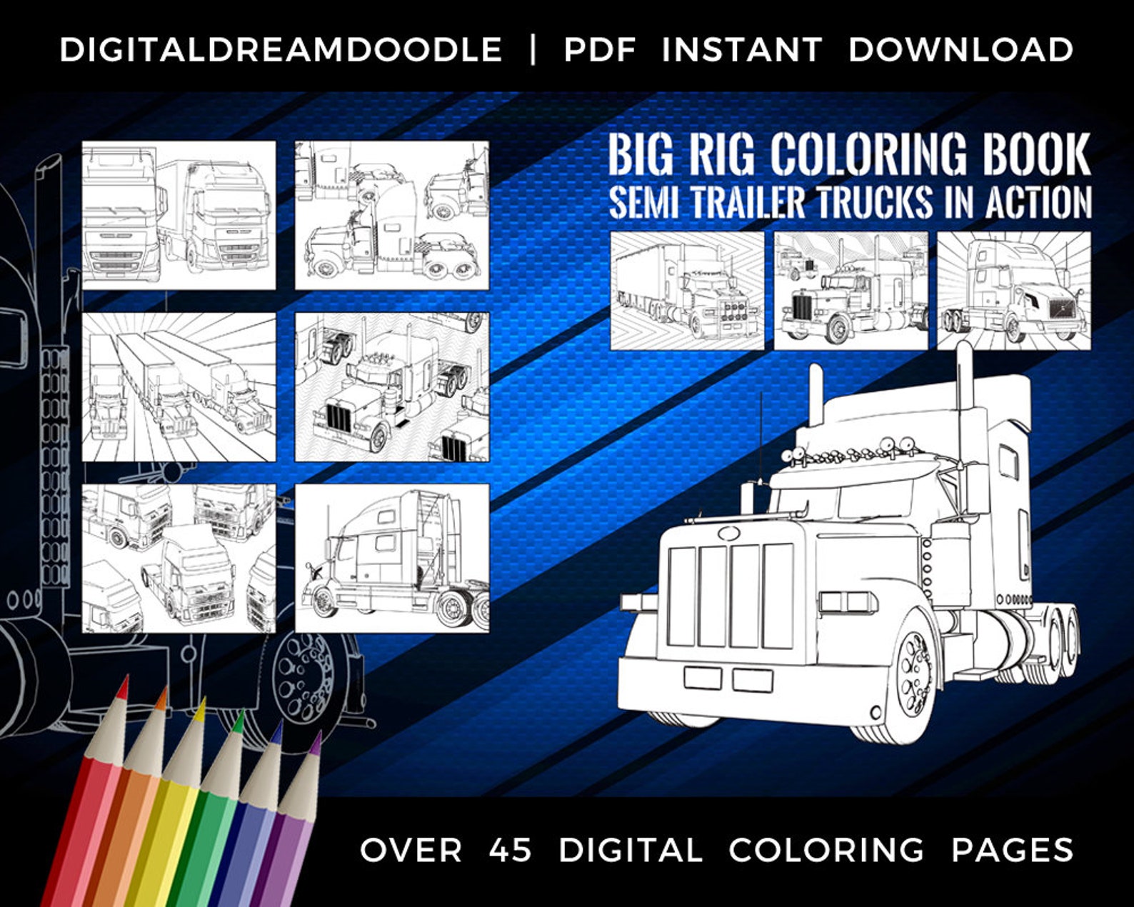 Semi Truck Coloring Book, Printable Trucker Coloring Book, Big Rig ...
