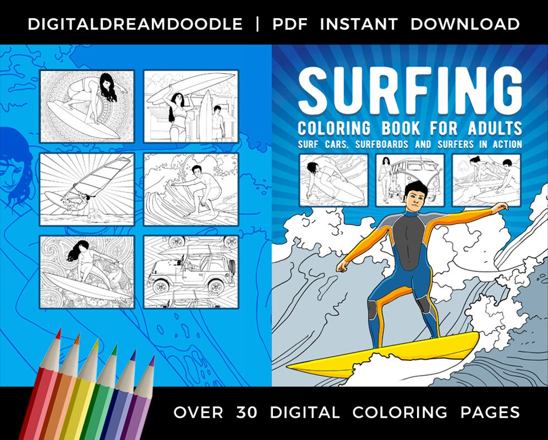 Surfing Coloring Book, Beach Surfer Coloring Book, Wave Sport Surf ...