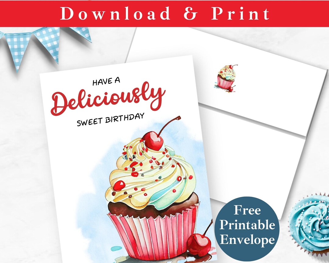 Cupcake Birthday Printable Greeting Card and Envelope INSTANT DOWNLOAD ...