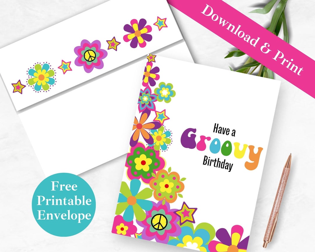 Groovy Hippie Happy Birthday Printable Greeting Card and Envelope ...