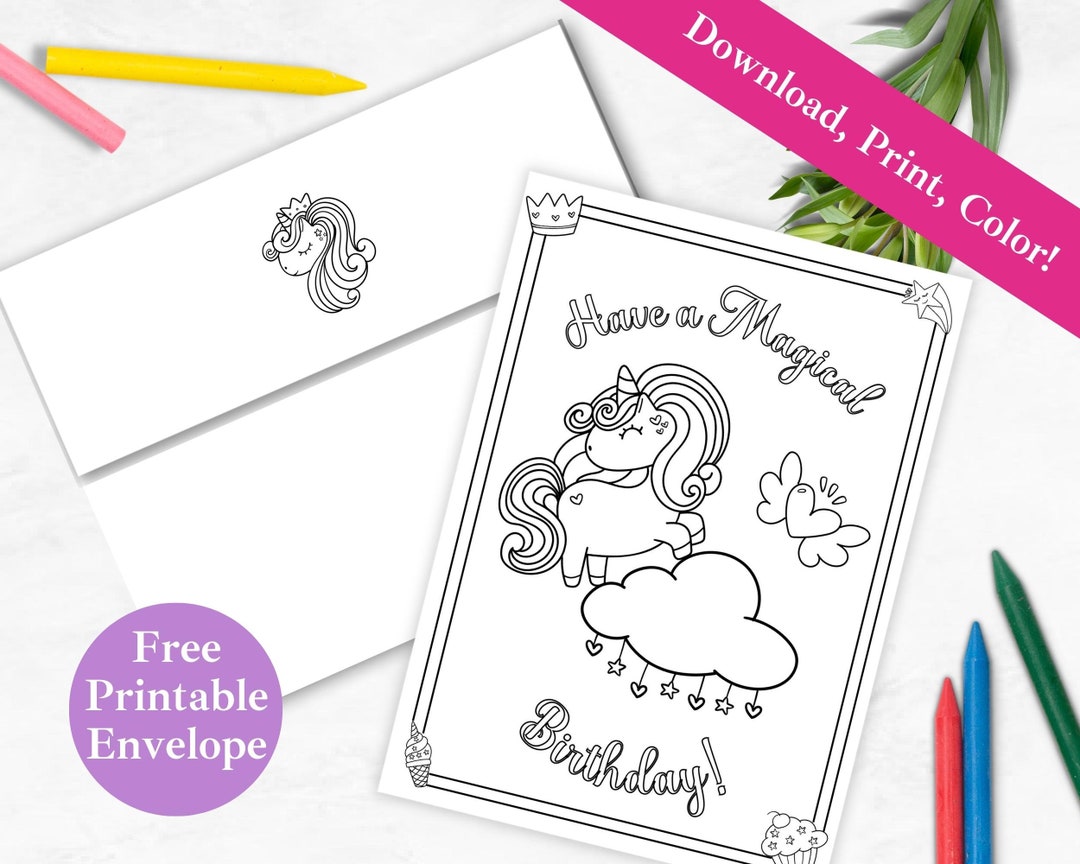Printable Unicorn Happy Birthday Coloring Greeting Card and Envelope ...
