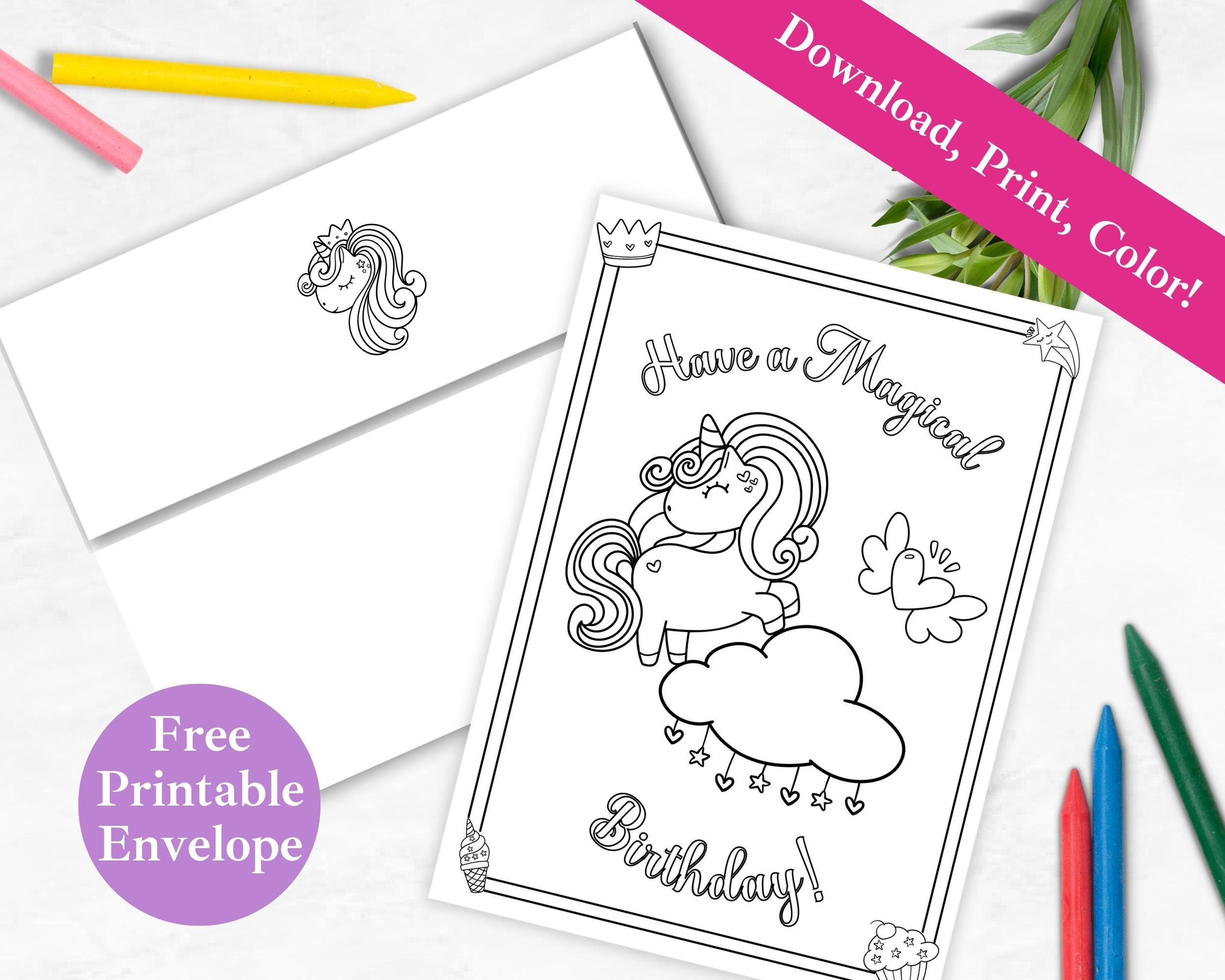 Printable Unicorn Happy Birthday Coloring Greeting Card and Envelope ...