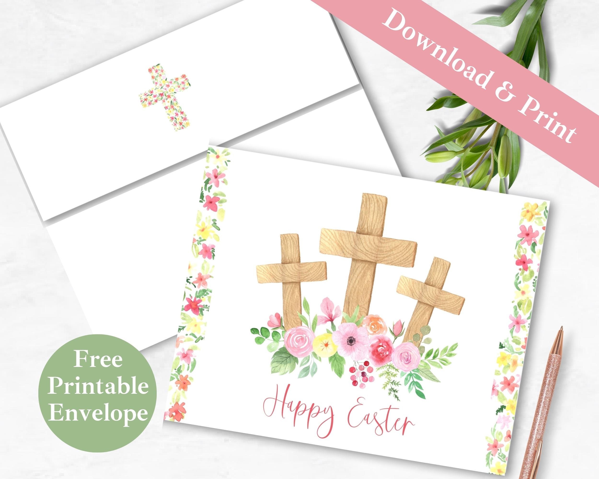 Floral Easter Cross Printable Greeting Card and Envelope | INSTANT ...