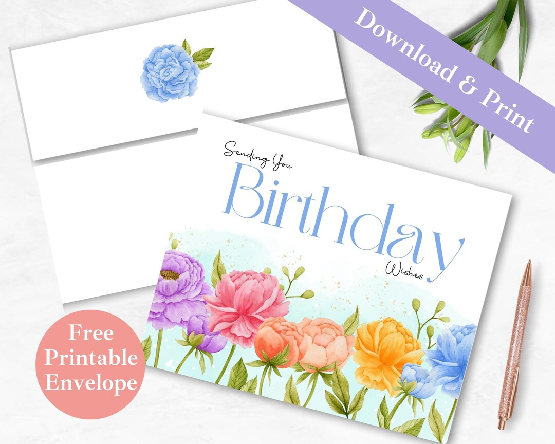 Birthday Wishes Printable Greeting Card and Envelope | INSTANT DOWNLOAD ...