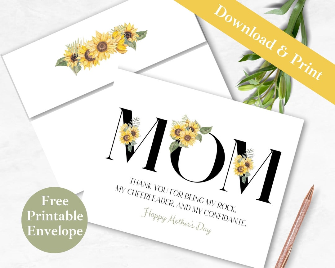 Sunflower Mothers Day Printable Greeting Card and Envelope | INSTANT ...
