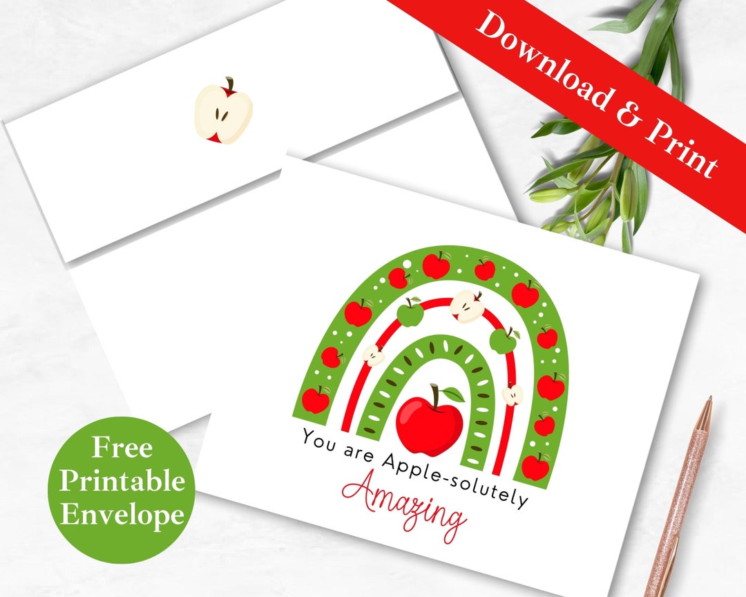 Apple Teacher Appreciation Printable Greeting Card and Envelope INSTANT ...