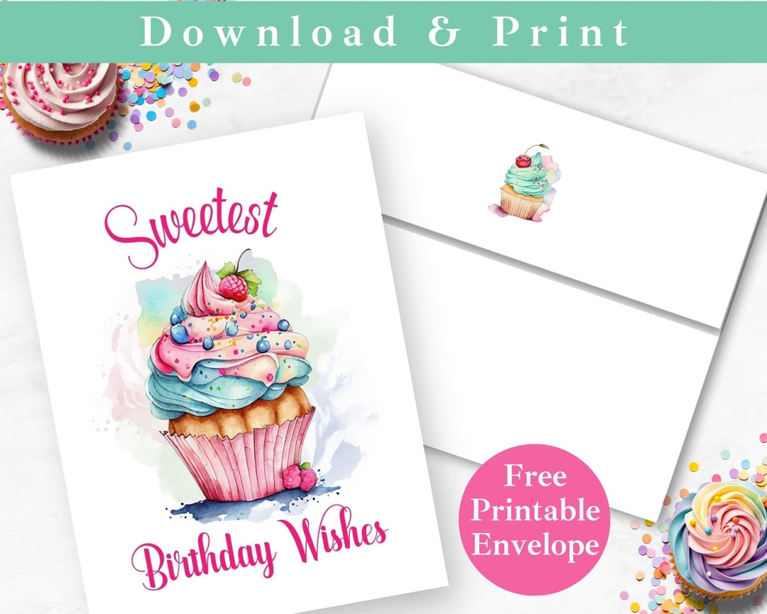 Cupcake Birthday Printable Greeting Card With Envelope INSTANT DOWNLOAD ...