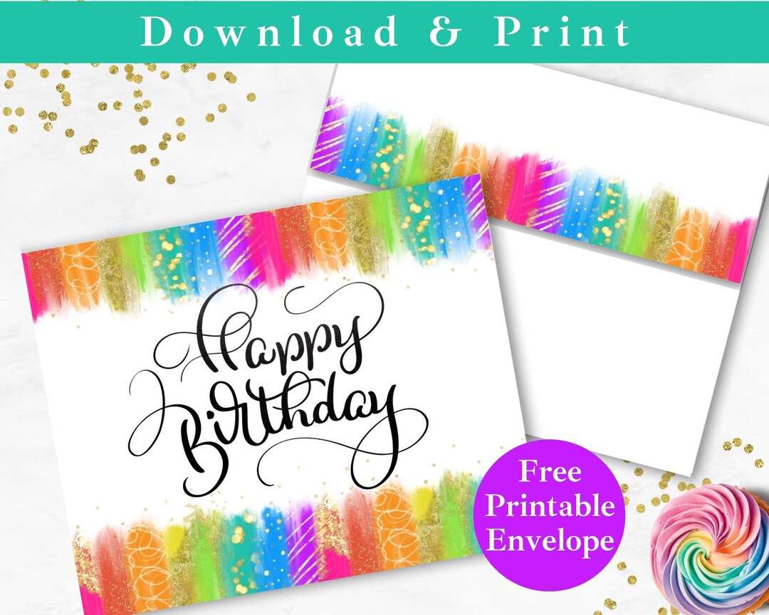 Printable Rainbow Birthday Greeting Card With Envelope INSTANT DOWNLOAD ...