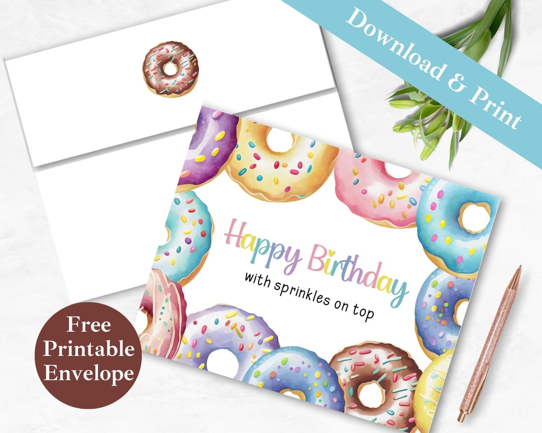 Donut Birthday Printable Greeting Card and Envelope INSTANT DOWNLOAD ...