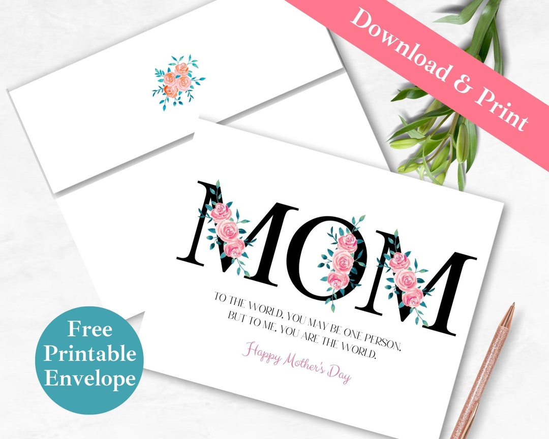 Floral Mother's Day Card, Printable Greeting Card and Envelope ...