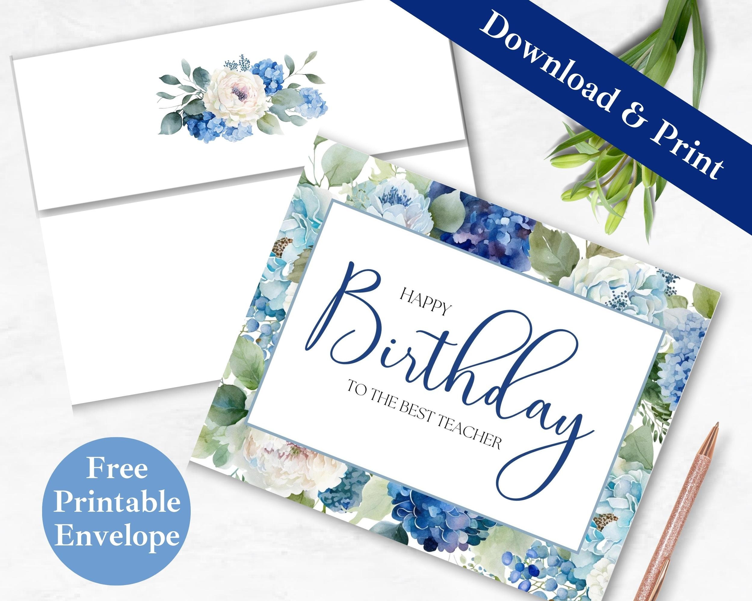 Birthday Card for Teacher Printable and Envelope | INSTANT DOWNLOAD PDF ...